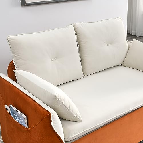ERYE 3-in-1 Upholstered Futon Loveseat Convertible Sleeper Bed,2-Seaters Sofa & Couch Soft Cushions Love Seat Daybed for Small Space Living Room Napping,White Orange 3 Fold w/Pockets