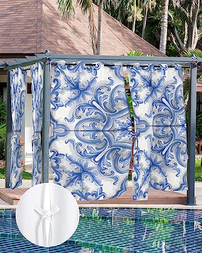 Outdoor Curtains for Patio,Retro Bohemian Tile Pattern Grommet Outside Curtains Windproof Privacy Panels with Tieback,Ethnic Blue Damask Weighted Window Treatment Indoor/Outdoor Drapes 54x84in