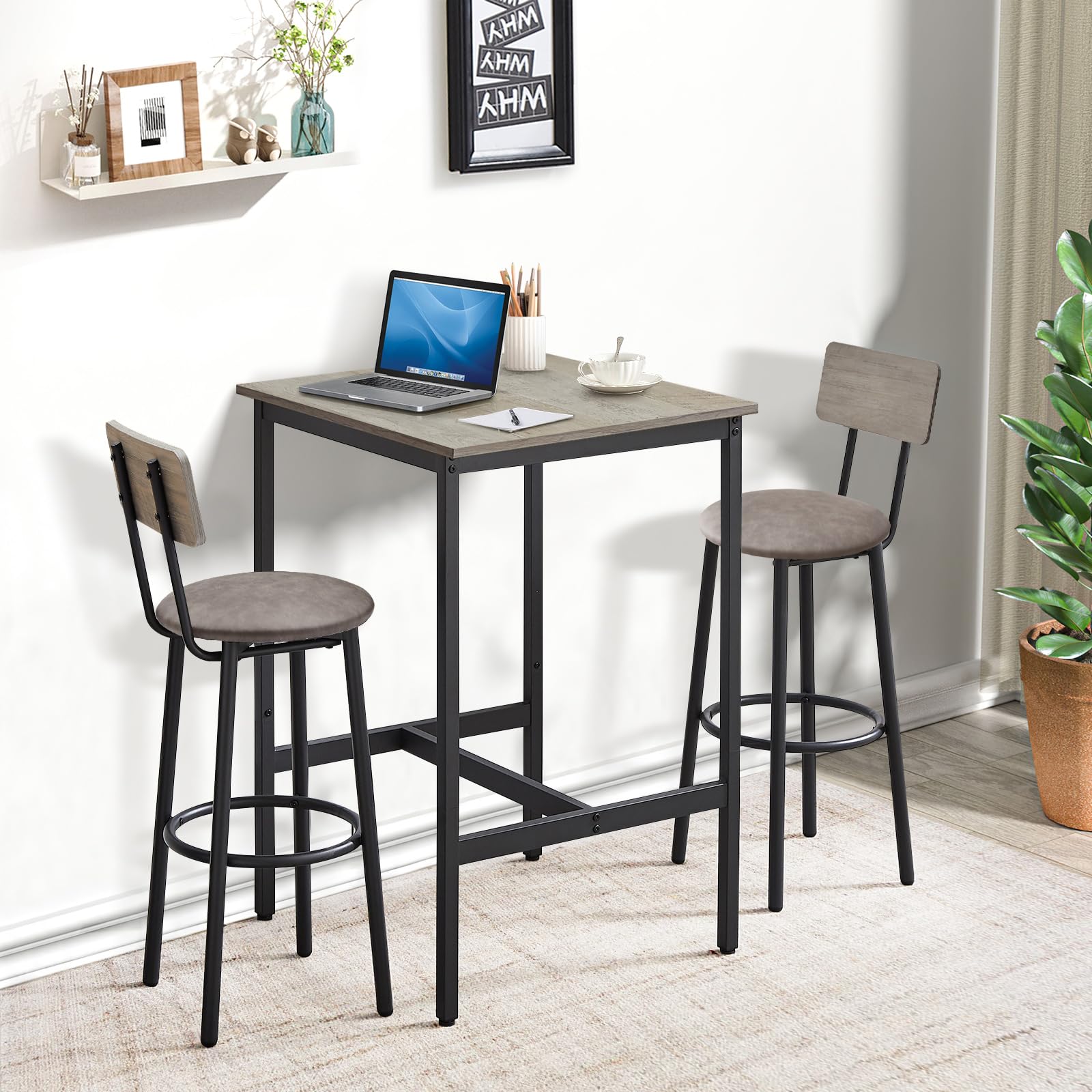 Noskatu 3-Piece Dining Table Set for 2, Modern Bar Table and Chairs Set for Small Space Kitchen Wooden Square Dinette Set with PU Padded Chairs Metal Frame for Apartment Breakfast Nook, Grey