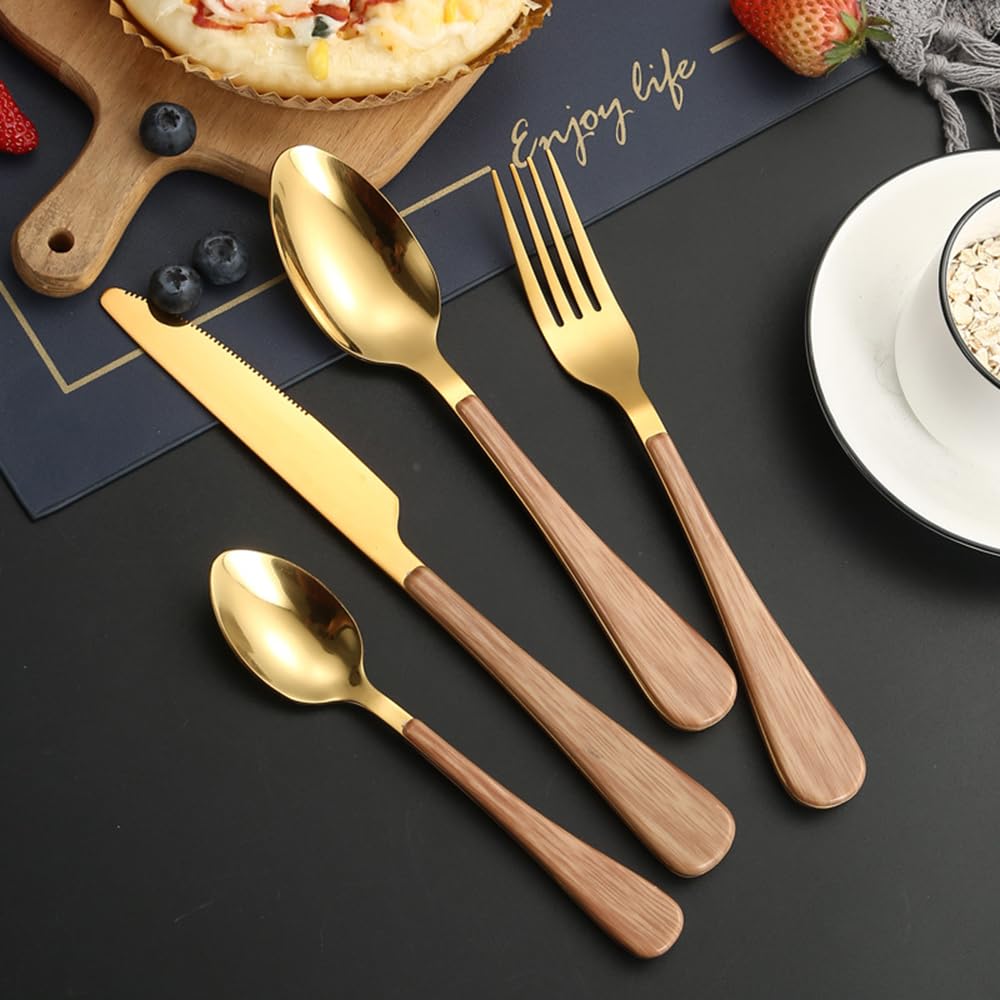 Aimilan 24 Piece Gold Silverware Set for 6, Imitation Wooden Handle Flatware Cutlery Set for Home Kitchen Restaurant, Mirror Finish, Dishwasher Safe (24-Piece for 6)