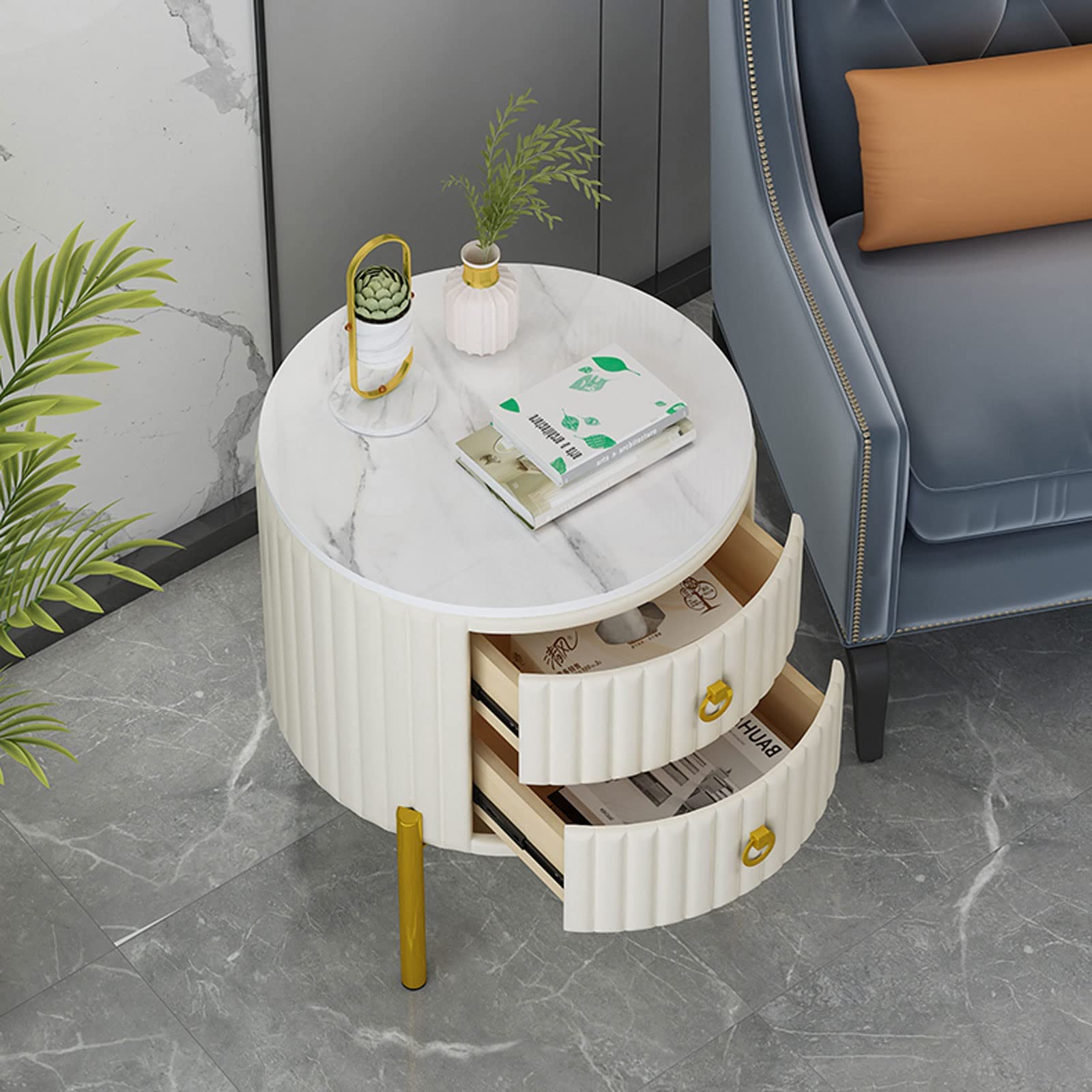 Mobile Side Table Small Side Table with 2 Drawers, Bedside Furniture, Night Stand, End Table with Gold Frame for Bedroom,Living Room, Round Coffee Table Cocktail Table Sofa End Table ( Color : Gold )