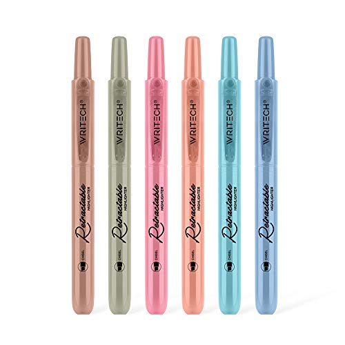 WRITECH Retractable Highlighters Assorted Colors: Chisel Tip Click Aesthetic Highlighter Marker Pens Pack Multi Colored Ink No Bleed Smear for Highlighting Journaling (6ct Vintage)