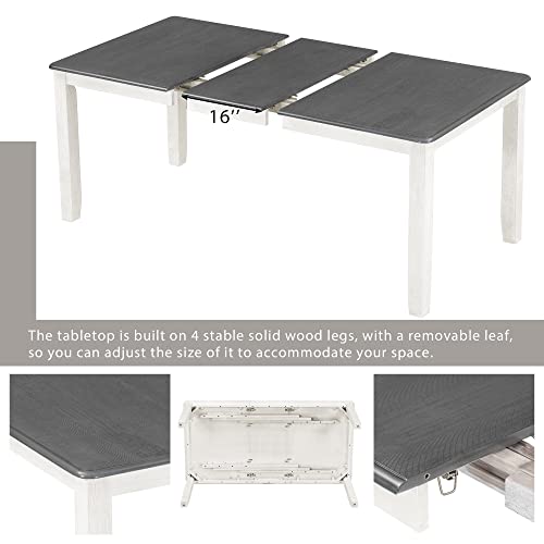 WOZNLA 7-Piece Wooden Extendable Dining Table Set - Retro Style Kitchen Table and 6 Upholstered Chairs - Expandable Design for Flexible Seating - Perfect for Dining Room Gatherings