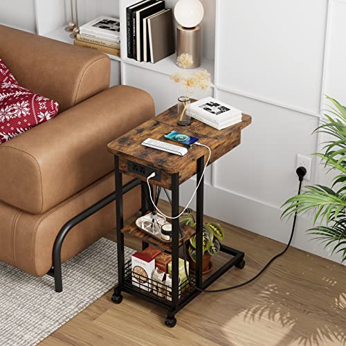 C Shaped Side Table, Mobile Couch Snack Side Table with USB Ports and Charging Station, Narrow End Table with 3 Tier Storage Shelf with Wheels for Small Spaces, Living Room, Bedroom