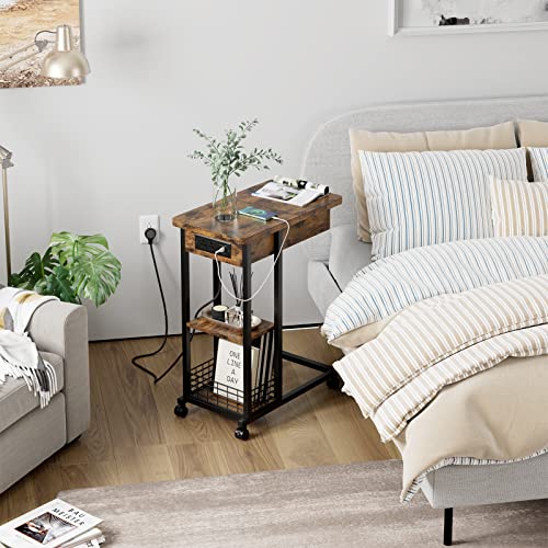 C Shaped Side Table, Mobile Couch Snack Side Table with USB Ports and Charging Station, Narrow End Table with 3 Tier Storage Shelf with Wheels for Small Spaces, Living Room, Bedroom