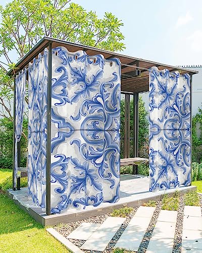 Outdoor Curtains for Patio,Retro Bohemian Tile Pattern Grommet Outside Curtains Windproof Privacy Panels with Tieback,Ethnic Blue Damask Weighted Window Treatment Indoor/Outdoor Drapes 54x84in