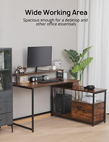 AMNOOL L Shaped Office Desk Home Office Computer Desk with Power Socket and LED Light Strip Gaming Desk with File Drawer Corner Desk with Monitor Stand and Printer Storage Rack
