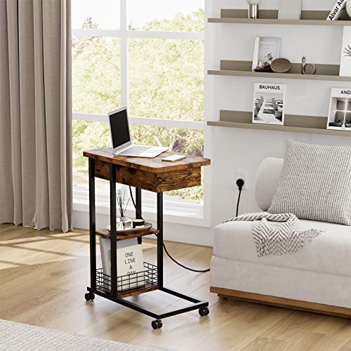 C Shaped Side Table, Mobile Couch Snack Side Table with USB Ports and Charging Station, Narrow End Table with 3 Tier Storage Shelf with Wheels for Small Spaces, Living Room, Bedroom