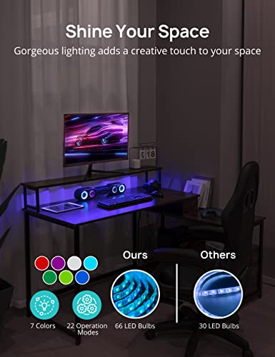 AMNOOL L Shaped Office Desk Home Office Computer Desk with Power Socket and LED Light Strip Gaming Desk with File Drawer Corner Desk with Monitor Stand and Printer Storage Rack