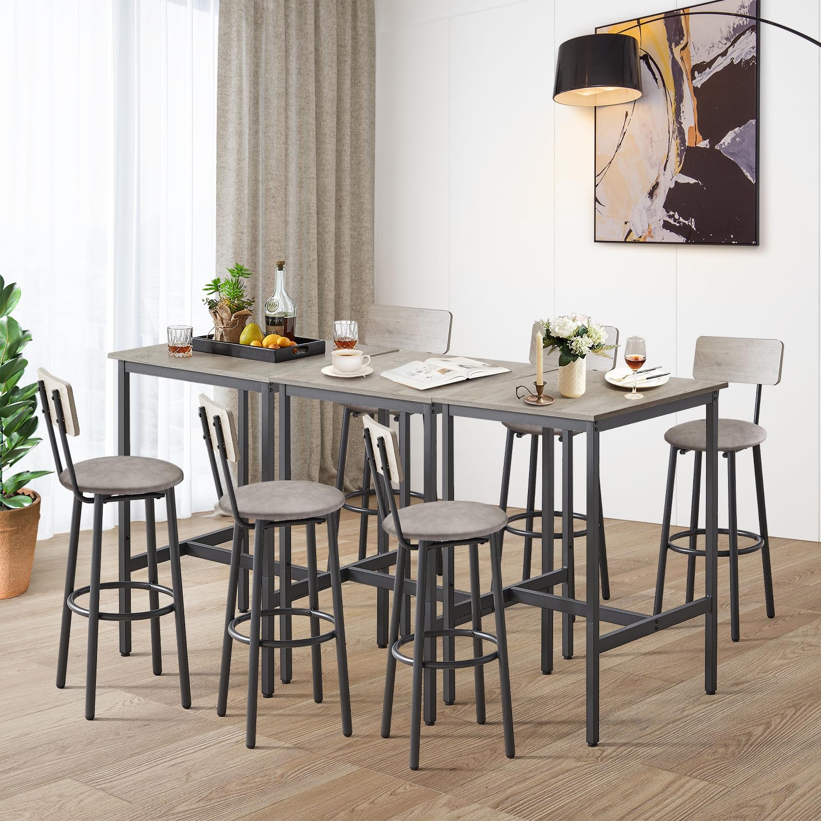 Noskatu 3-Piece Dining Table Set for 2, Modern Bar Table and Chairs Set for Small Space Kitchen Wooden Square Dinette Set with PU Padded Chairs Metal Frame for Apartment Breakfast Nook, Grey