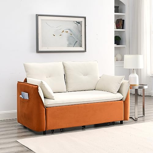 ERYE 3-in-1 Upholstered Futon Loveseat Convertible Sleeper Bed,2-Seaters Sofa & Couch Soft Cushions Love Seat Daybed for Small Space Living Room Napping,White Orange 3 Fold w/Pockets
