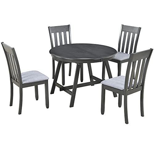 BIADNBZ 5-Piece Dining Table Set with Round Extendable Tabletop and 4 Padded Chairs, Modern Kitchen Furniture for DiningRoom, Space Saving Design, Gray