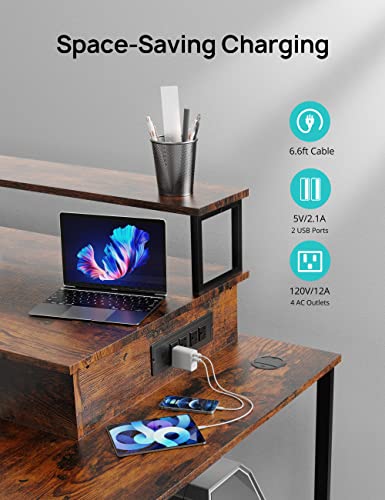 AMNOOL L Shaped Office Desk Home Office Computer Desk with Power Socket and LED Light Strip Gaming Desk with File Drawer Corner Desk with Monitor Stand and Printer Storage Rack