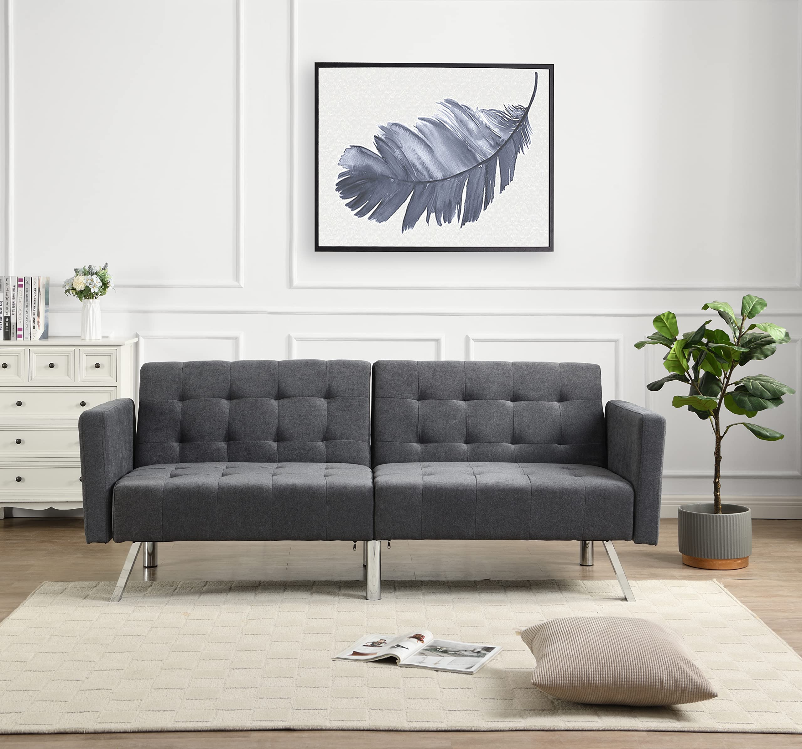 POCIYIHOME 2-Seater Convertible Lounge Bed, Couch Loveseat Sleeper Sofa with Adjustable Backrest, Recliner Futon Folding Daybed for Living Bedroom Apartment Reading Room, Linen, Dark Grey