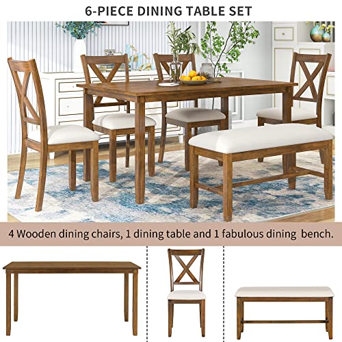 WOZNLA 6-Piece Farmhouse Rustic Dining Table Set - Rectangular Wood Table and Chairs with Padded Seats - Perfect Family Kitchen Furniture for Gatherings and Meals