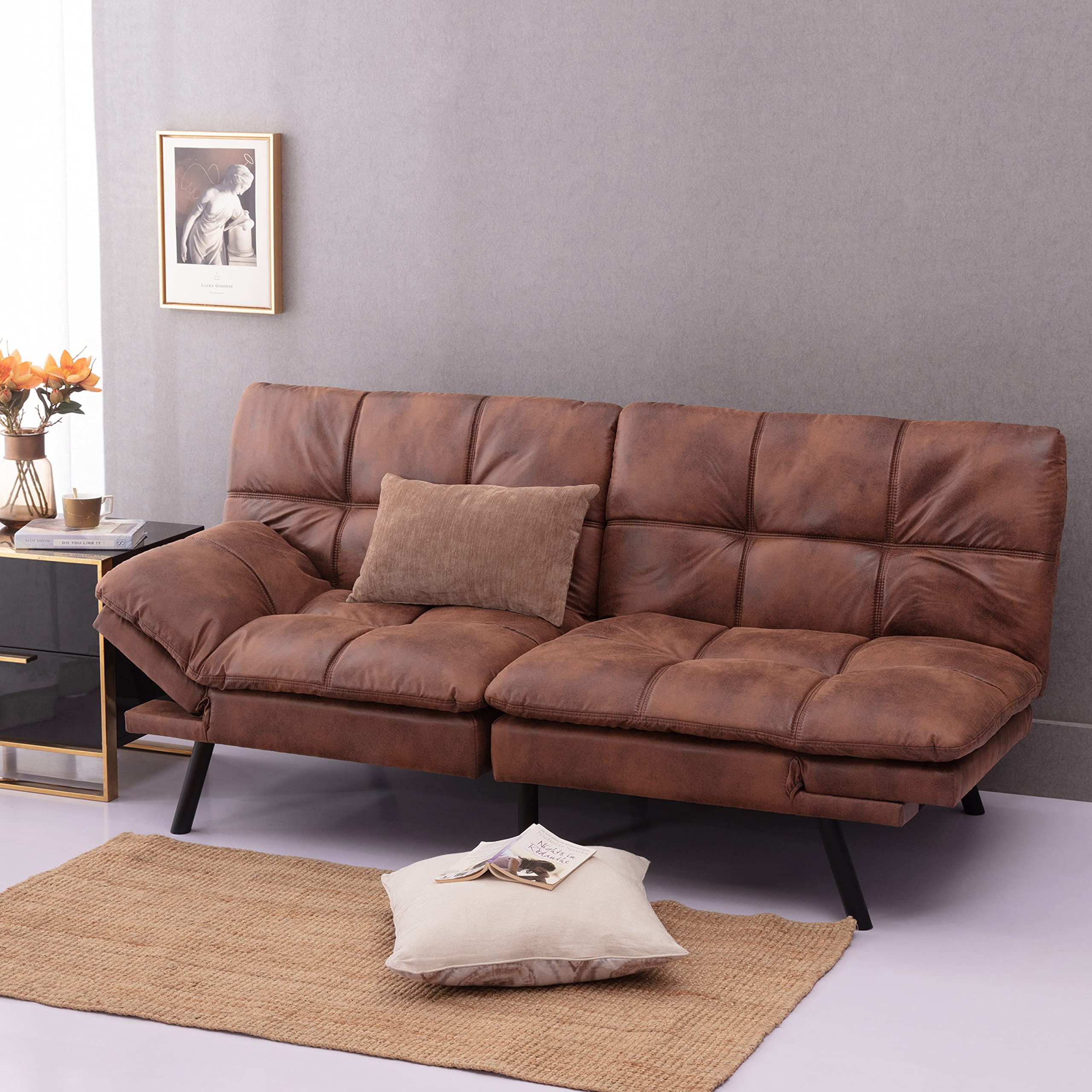 POCIYIHOME Convertible Folding Sleeper Sofa with Adjustable Back and Arms, Modern Memory Foam Futon Couch Bed, Industrial Chaise, Recliner Loveseat Folding Daybed for Living Room, Suede Leather, Brown