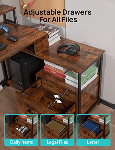 AMNOOL L Shaped Office Desk Home Office Computer Desk with Power Socket and LED Light Strip Gaming Desk with File Drawer Corner Desk with Monitor Stand and Printer Storage Rack