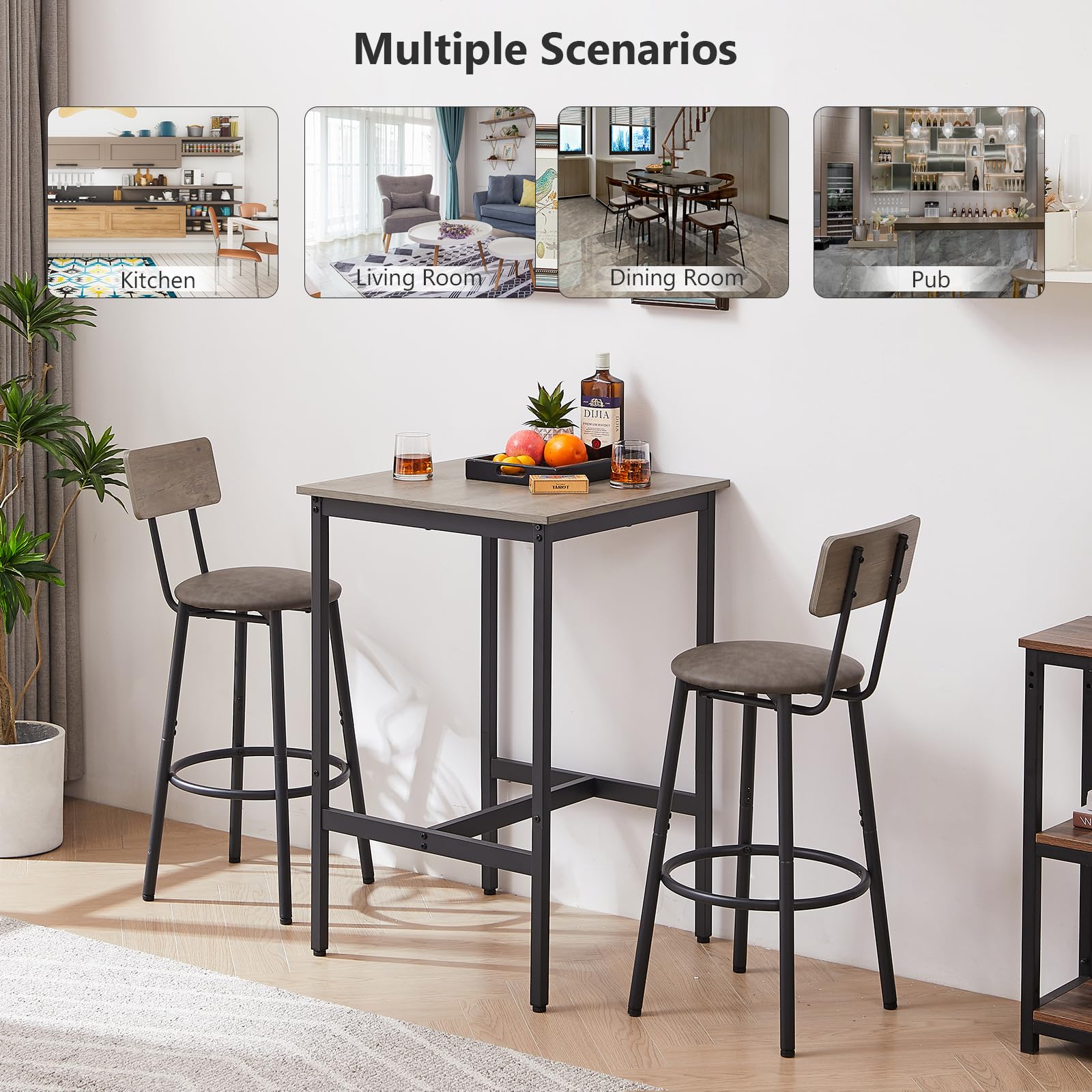 Noskatu 3-Piece Dining Table Set for 2, Modern Bar Table and Chairs Set for Small Space Kitchen Wooden Square Dinette Set with PU Padded Chairs Metal Frame for Apartment Breakfast Nook, Grey