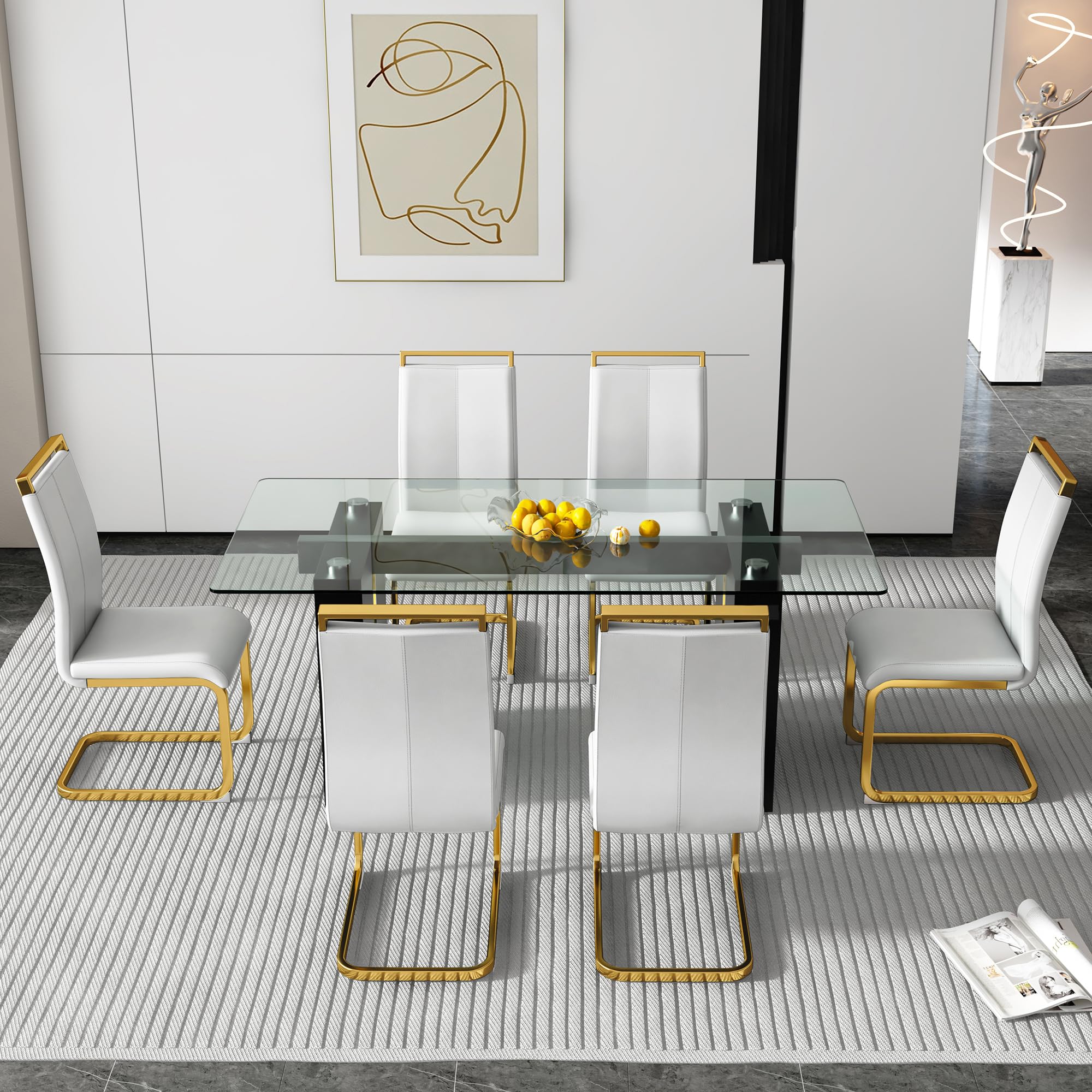 71" Large Glass Dining Table Set for 6, Modern Dining Table with 6 Leather Chairs, 0.32" Tempered Glass Tabletop and MDF Leg,for Kitchen Dining Living Meeting Room (Black Table + 4 White Chairs)