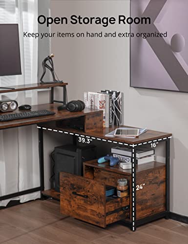 AMNOOL L Shaped Office Desk Home Office Computer Desk with Power Socket and LED Light Strip Gaming Desk with File Drawer Corner Desk with Monitor Stand and Printer Storage Rack