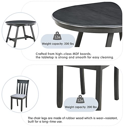 BIADNBZ 5-Piece Dining Table Set with Round Extendable Tabletop and 4 Padded Chairs, Modern Kitchen Furniture for DiningRoom, Space Saving Design, Gray
