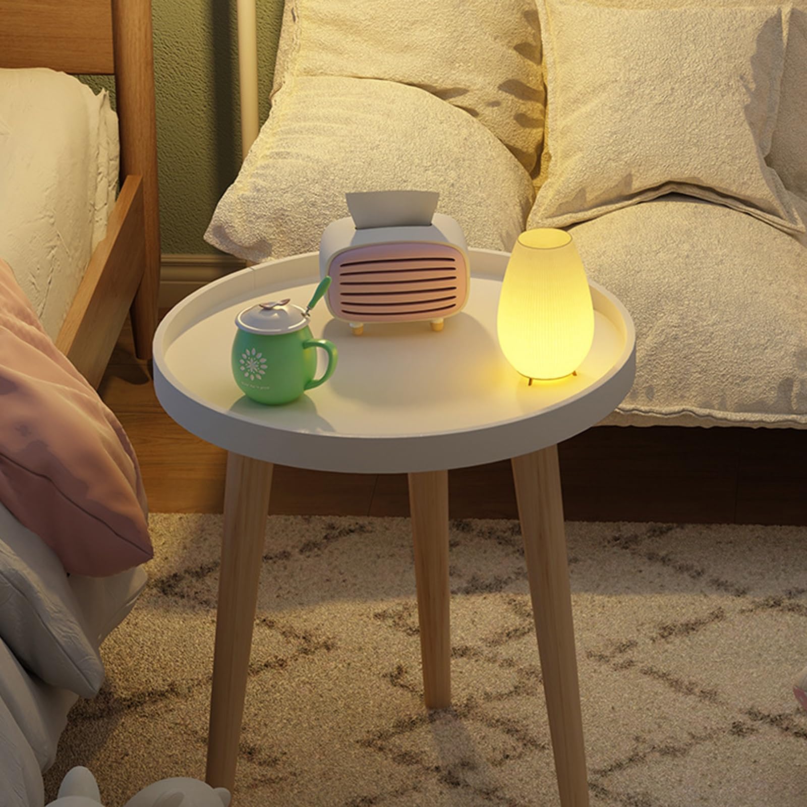 Round Side Table, White Nightstand Coffee End Table for Living Room, Bedroom, Small Spaces, Easy Assembly Modern Home Decor Bedside Table