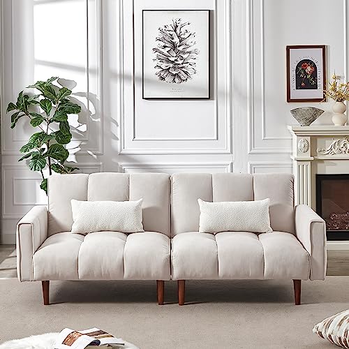 ERYE 3-in-1 Linen Upholstered Convertible Futon Sofabed Modern Oversized Functional Loveseat Sofa Convertible Sleeper Couch Bed with Split Reclining Backrest,2 Pillows and 8 Wood Legs for Living Room