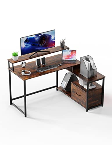 AMNOOL L Shaped Office Desk Home Office Computer Desk with Power Socket and LED Light Strip Gaming Desk with File Drawer Corner Desk with Monitor Stand and Printer Storage Rack