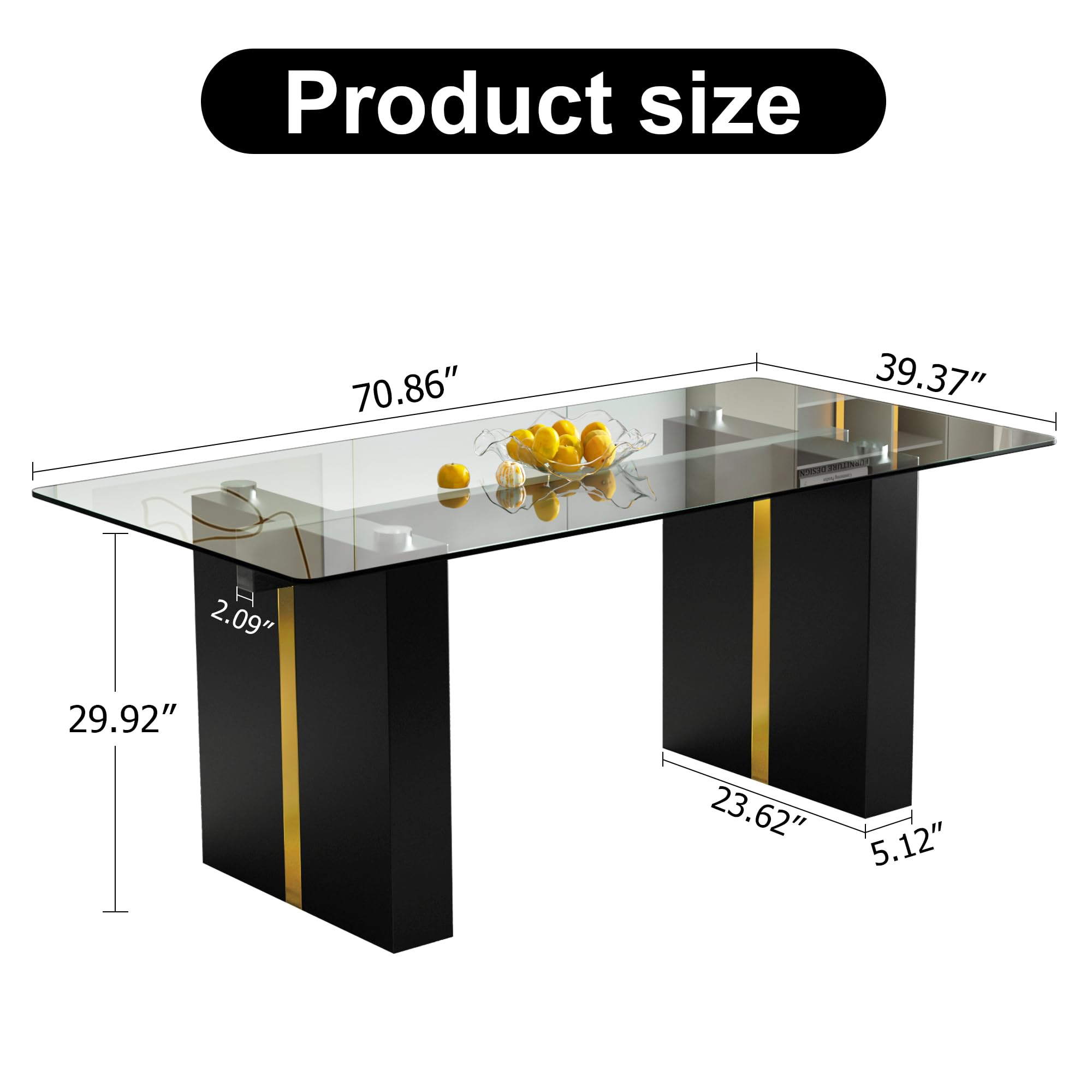 71" Large Glass Dining Table Set for 6, Modern Dining Table with 6 Leather Chairs, 0.32" Tempered Glass Tabletop and MDF Leg,for Kitchen Dining Living Meeting Room (Black Table + 4 White Chairs)