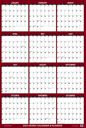 18" x 24" SwiftGlimpse 2023 Wall Calendar Erasable Large Wet & Dry Erase Laminated 12 Month Annual Yearly Wall Planner, Reversible, Horizontal/Vertical, Maroon