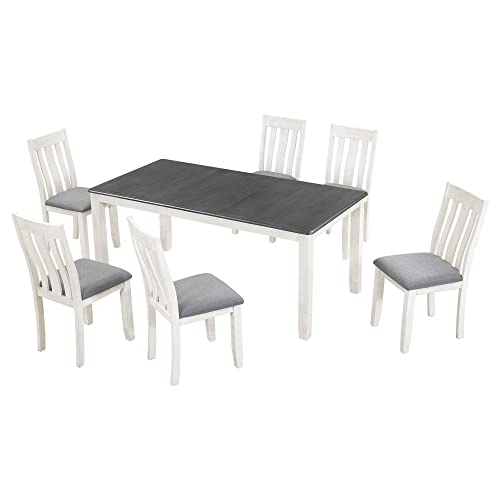 WOZNLA 7-Piece Wooden Extendable Dining Table Set - Retro Style Kitchen Table and 6 Upholstered Chairs - Expandable Design for Flexible Seating - Perfect for Dining Room Gatherings