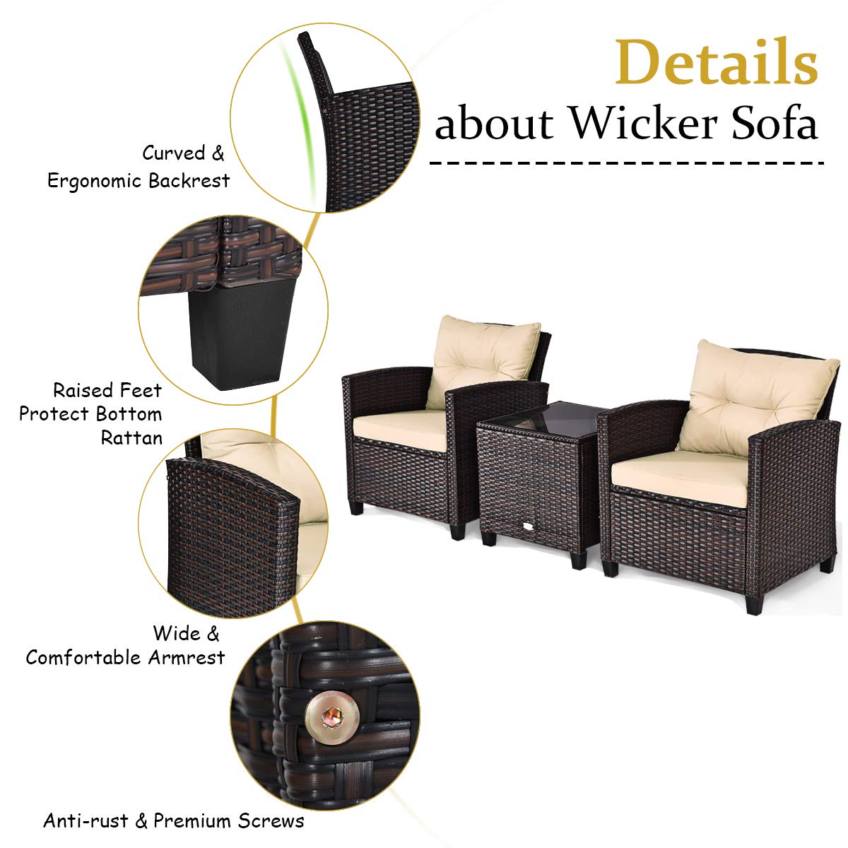 Toolsempire 7 Pieces Patio Furniture Set with 40,000 BTU Propane Round Fire Pit Table, Patio Fire Table Set with Cushions, Lava Rocks & Waterproof Cover, Wicker Conversation Set for Garden(Coffee)