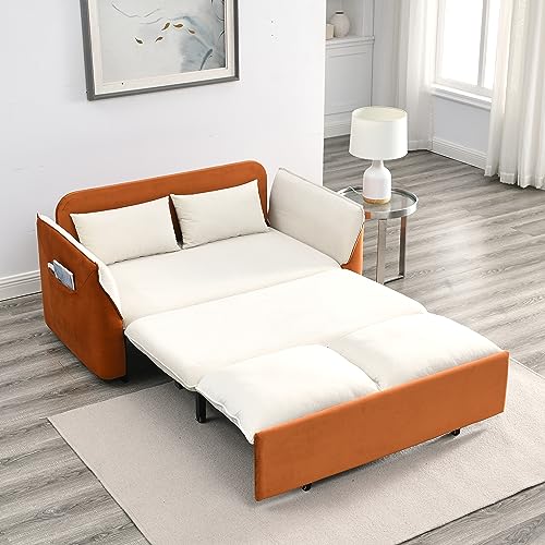 ERYE 3-in-1 Upholstered Futon Loveseat Convertible Sleeper Bed,2-Seaters Sofa & Couch Soft Cushions Love Seat Daybed for Small Space Living Room Napping,White Orange 3 Fold w/Pockets
