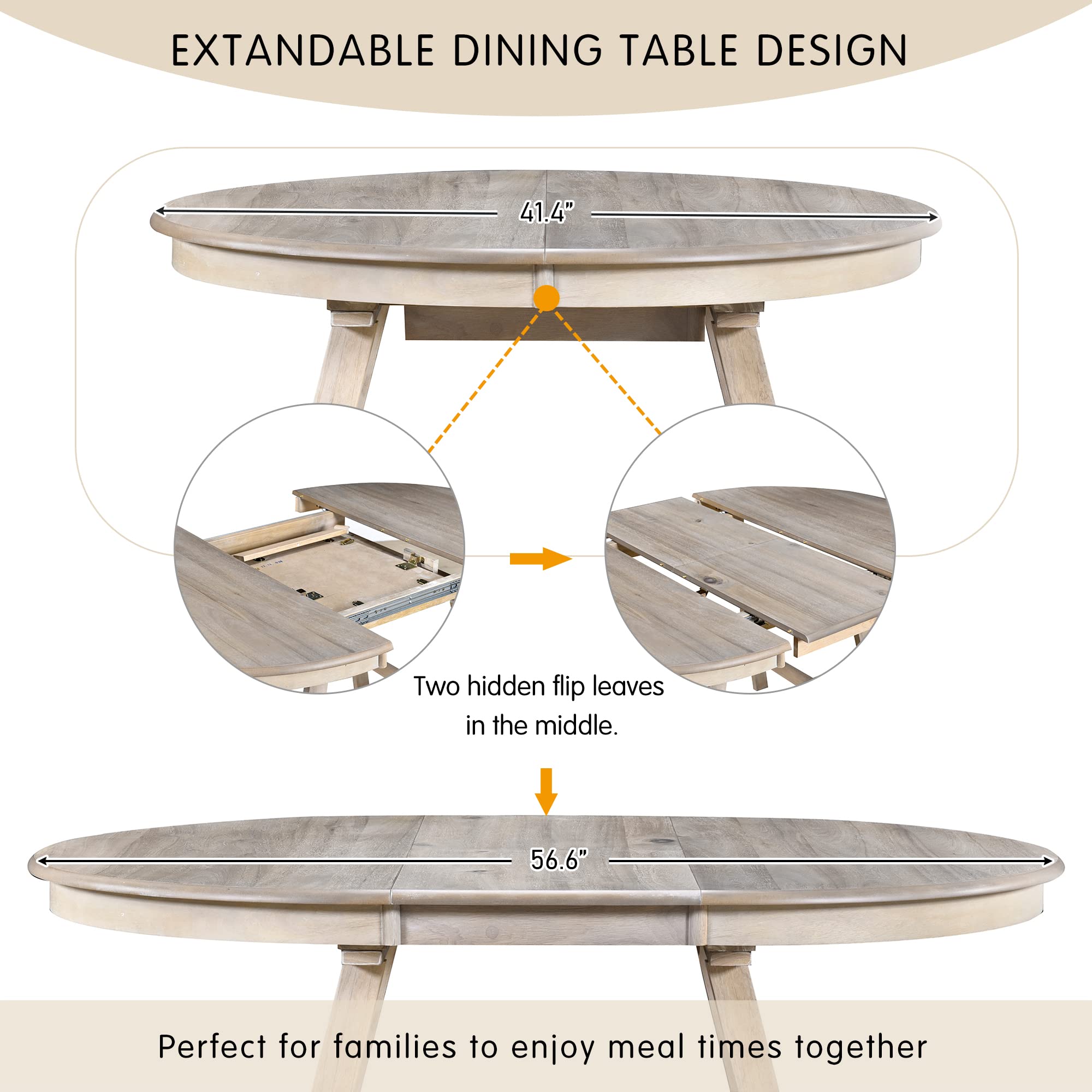 BIADNBZ 5-Piece Dining Table Set with Round Extendable Tabletop and 4 Padded Chairs, Modern Kitchen Furniture for DiningRoom, Space Saving Design, Natural Wood Wash