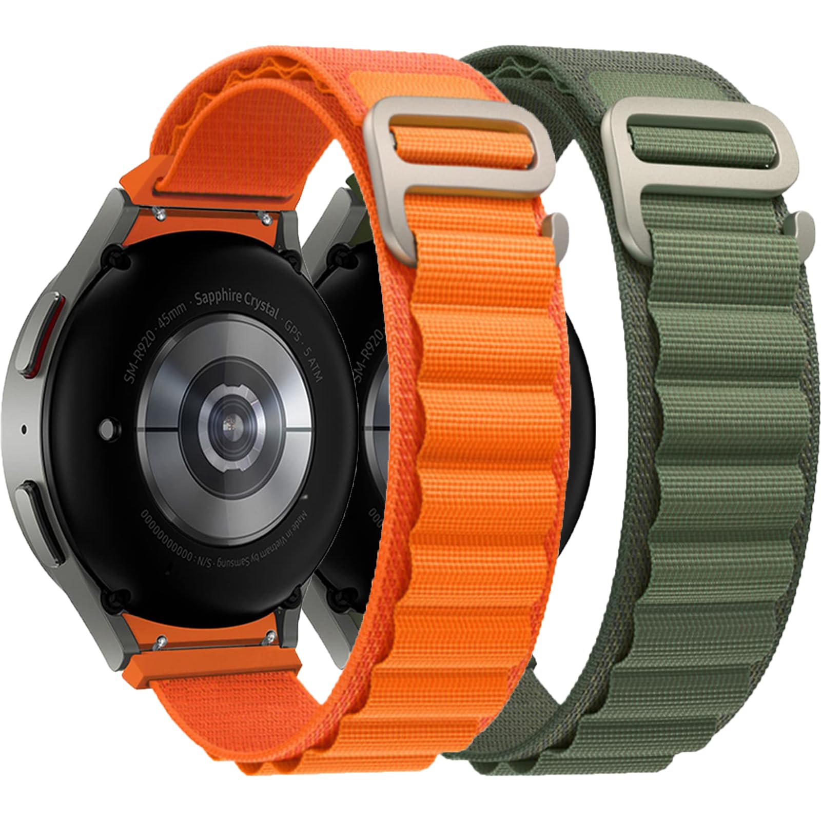 Alpine Loop Nylon Bands for Samsung Galaxy Watch 6/5/4 40mm 44mm Band/6 Classic 43mm 47mm Band/5 Pro Band 45mm/4 Classic 42mm 46mm Band, with Titanium G-Hook Men Women(Army Green + Orange)