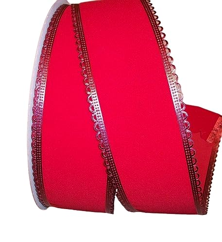 5 Yds. Red Velvet Scallop Wire Edge Ribbon 2 1/2' Wide Pattern Embroidery Applique Sewing Fabric Delicate DIY Clothing Accessories Art Craft for Scrapbooking Hair Tie Headband