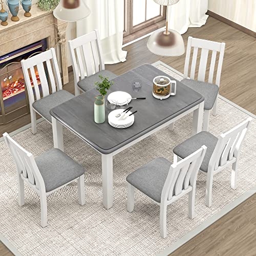 WOZNLA 7-Piece Wooden Extendable Dining Table Set - Retro Style Kitchen Table and 6 Upholstered Chairs - Expandable Design for Flexible Seating - Perfect for Dining Room Gatherings