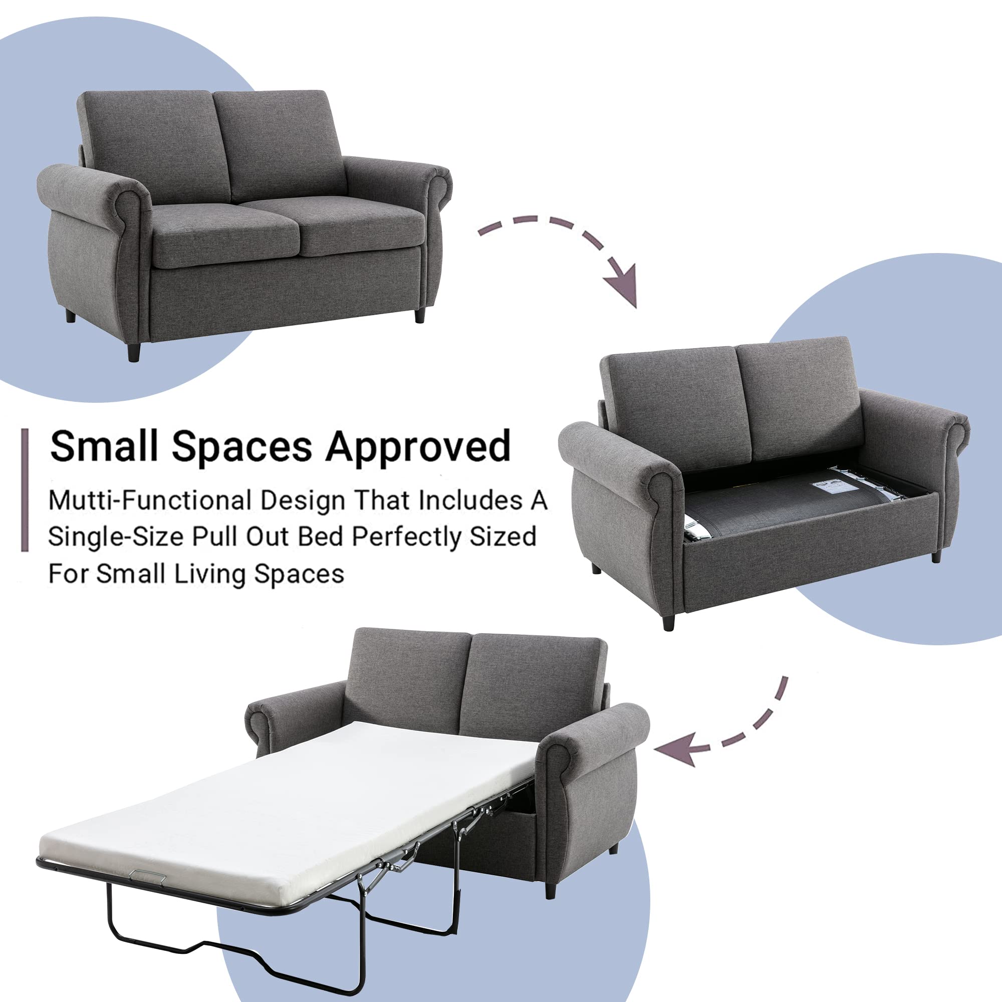 TARTOP Pull 57.5" Sleeper Sofa Chair Bed,Convertible Futon Loveseat Sofá 3-in-1,Adjustable Pullout Chaise Lounge Couch 2 Seaters for Living Room Apartment Small Space, Gray