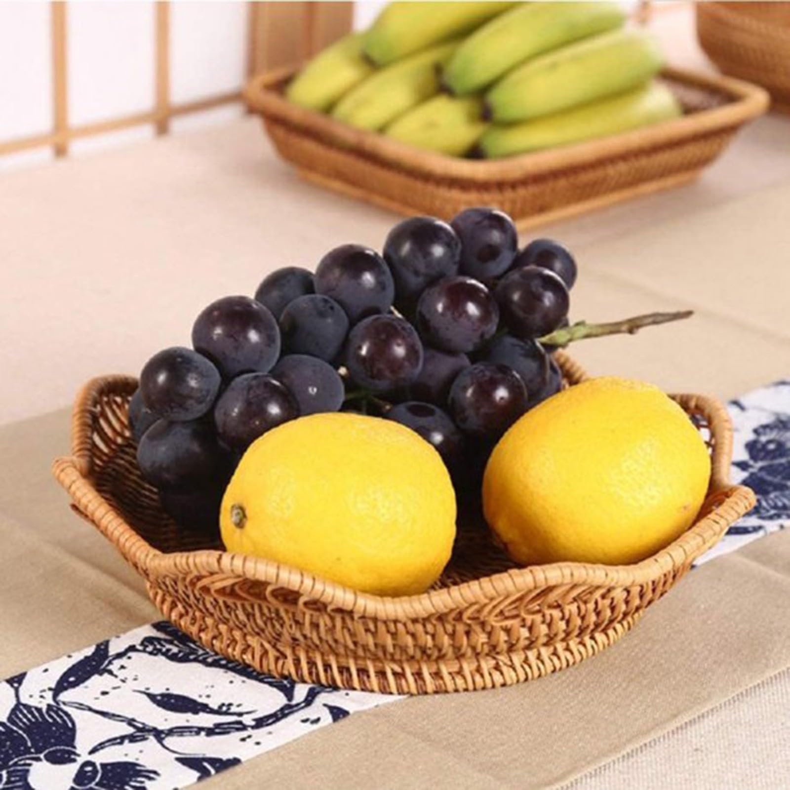 2 Pack Rattan Round Fruit Baskets Wicker Storage Bowls,Woven Serving Basket Bowls Decorative Baskets For Kitchen Counter Organizing (Khaki)