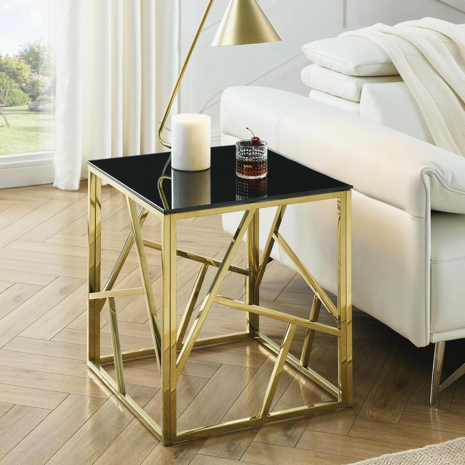 Goderfuu Modern Side Table Small End Table Black Glass Night Stand, Corner Table with Stainless Steel Base, Square End Table with Storage, Bedroom Side Table Living Room Sofa Table, Gold Side Table