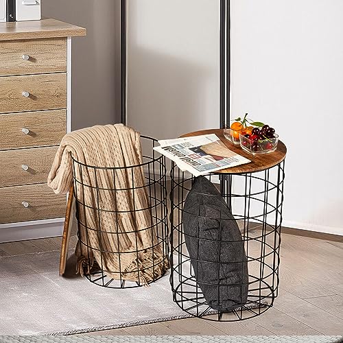 Jolydale Nesting End Table with Storage, Side Tables Wire Basket Table with Lid, Round End Table with Removeable Top and Steel Frame for Living Room, Bedroom, Office, (Brown)