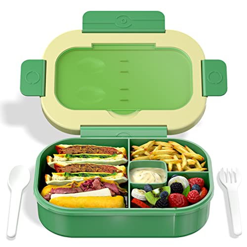 TEVIKE Bento Box for Kids, 1300ML Bento Lunch Box Food Storage Container with Fork & Spoon, BPA Free, Microwave/Dishwasher Freezer/Refrigerator Safe, Food-Safe Materials (Layered Green)