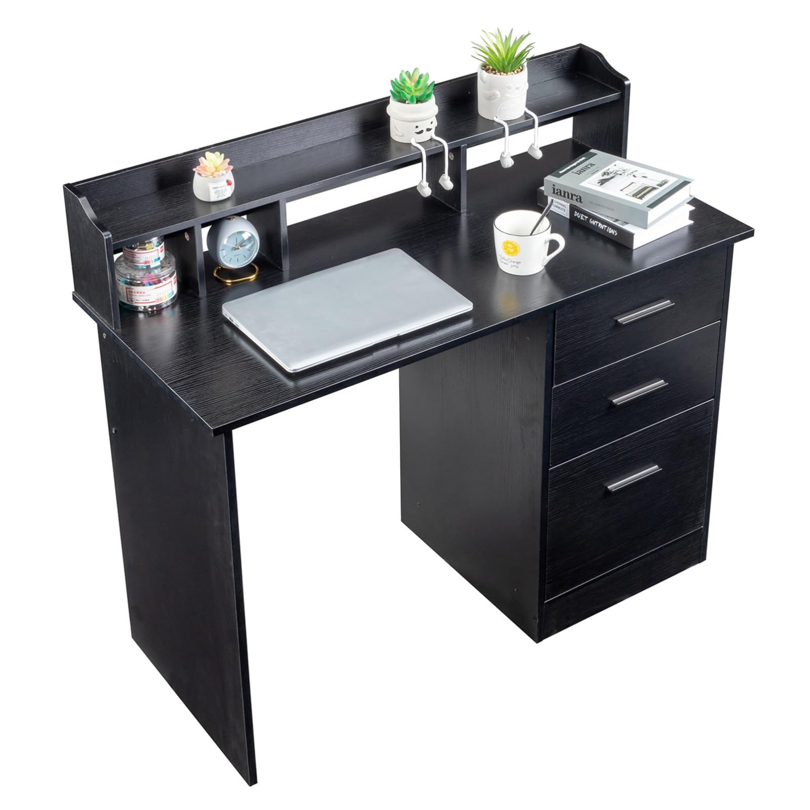 BIVVI Computer Desk with Drawers 43.31" Long Gaming Desk Executive Office Desk File Cabinet Industrial Writing Study Table Bookshelf Workstation PC Laptop Desk Organizer for Home Office Bedroom,Black