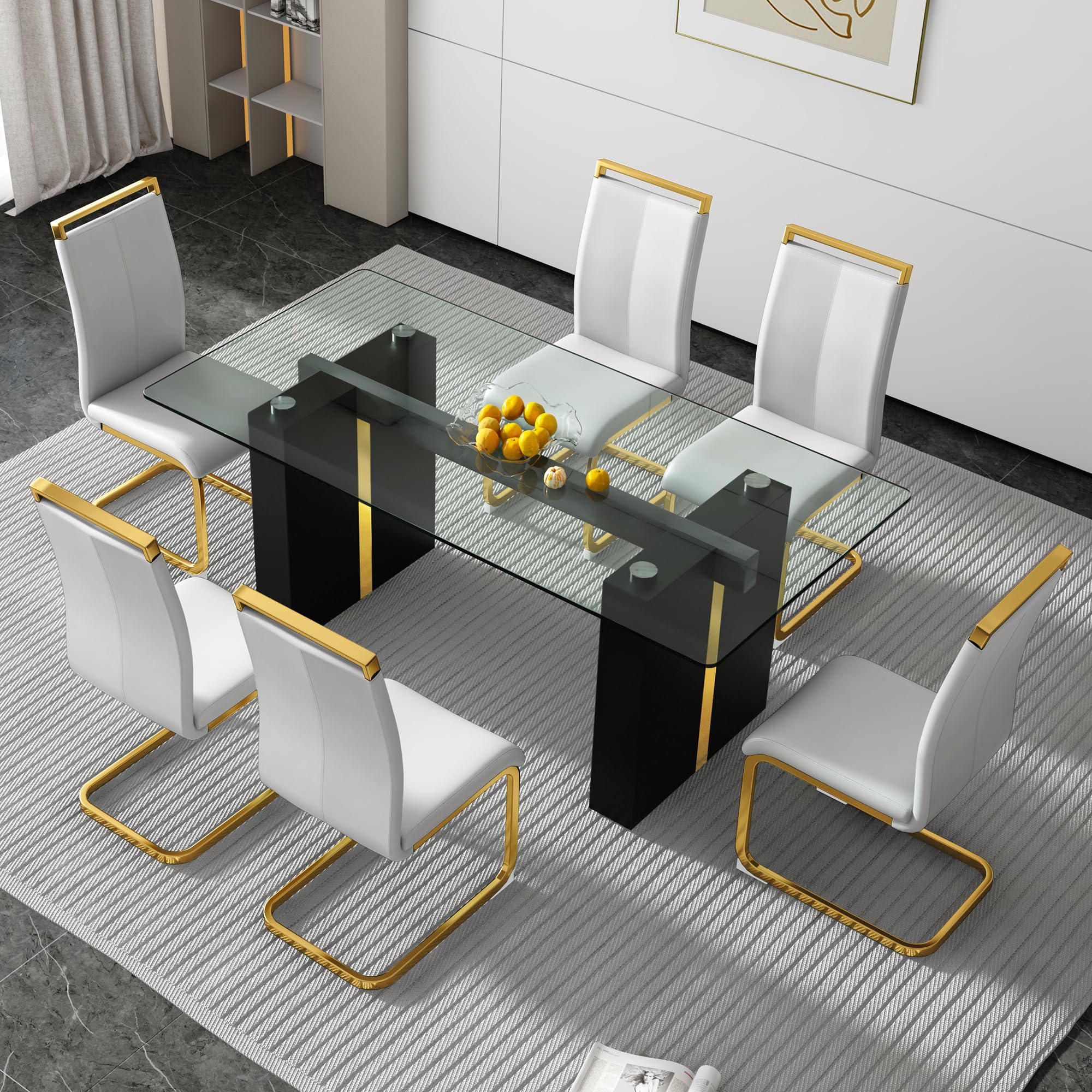 71" Large Glass Dining Table Set for 6, Modern Dining Table with 6 Leather Chairs, 0.32" Tempered Glass Tabletop and MDF Leg,for Kitchen Dining Living Meeting Room (Black Table + 4 White Chairs)