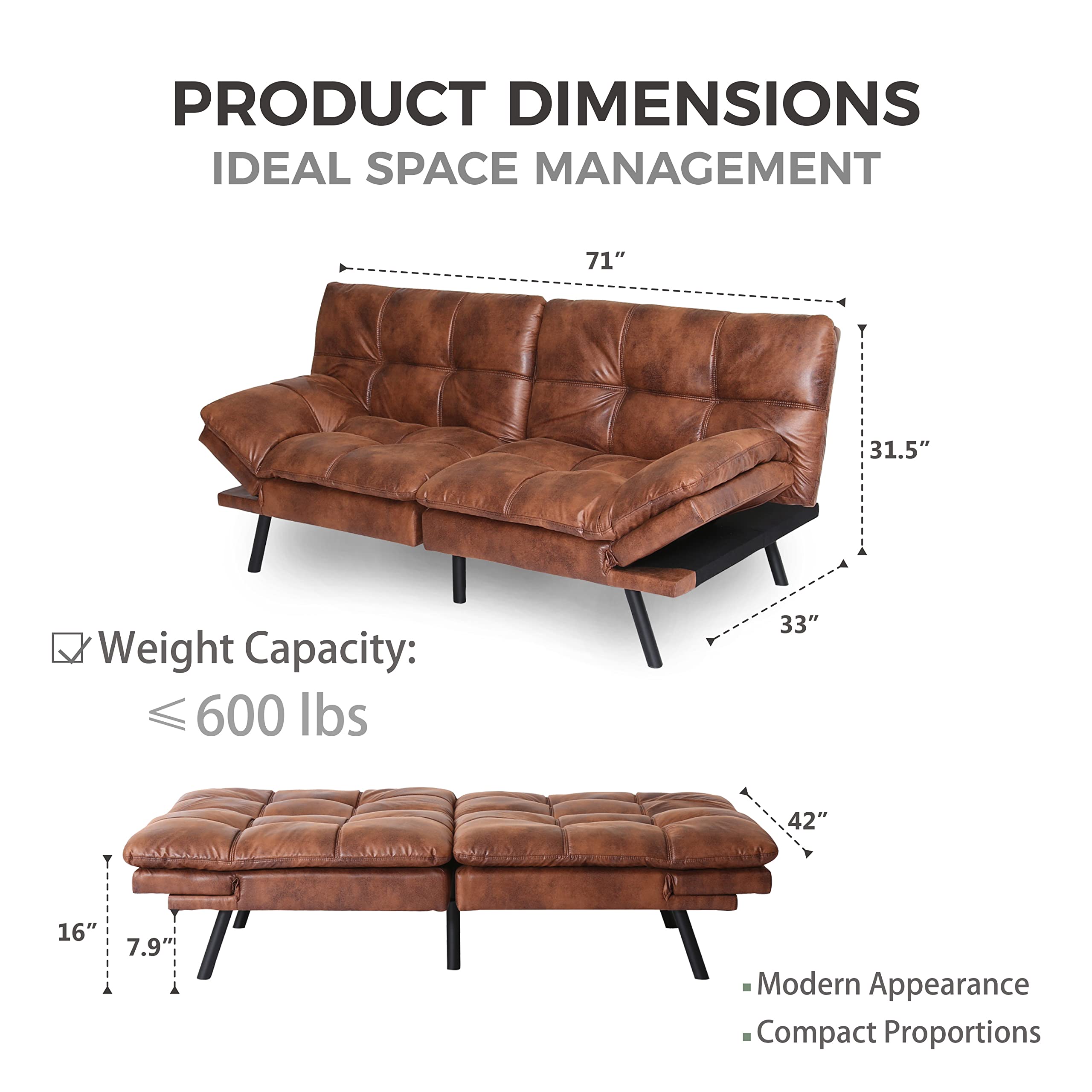 POCIYIHOME Convertible Folding Sleeper Sofa with Adjustable Back and Arms, Modern Memory Foam Futon Couch Bed, Industrial Chaise, Recliner Loveseat Folding Daybed for Living Room, Suede Leather, Brown