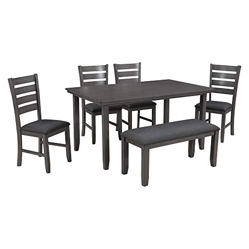 BIADNBZ 6-Piece Dining Table Set for 6,Rustic Wood Dining&Table with Upholstered Chairs & Bench for Kitchen Room Furniture,Gray