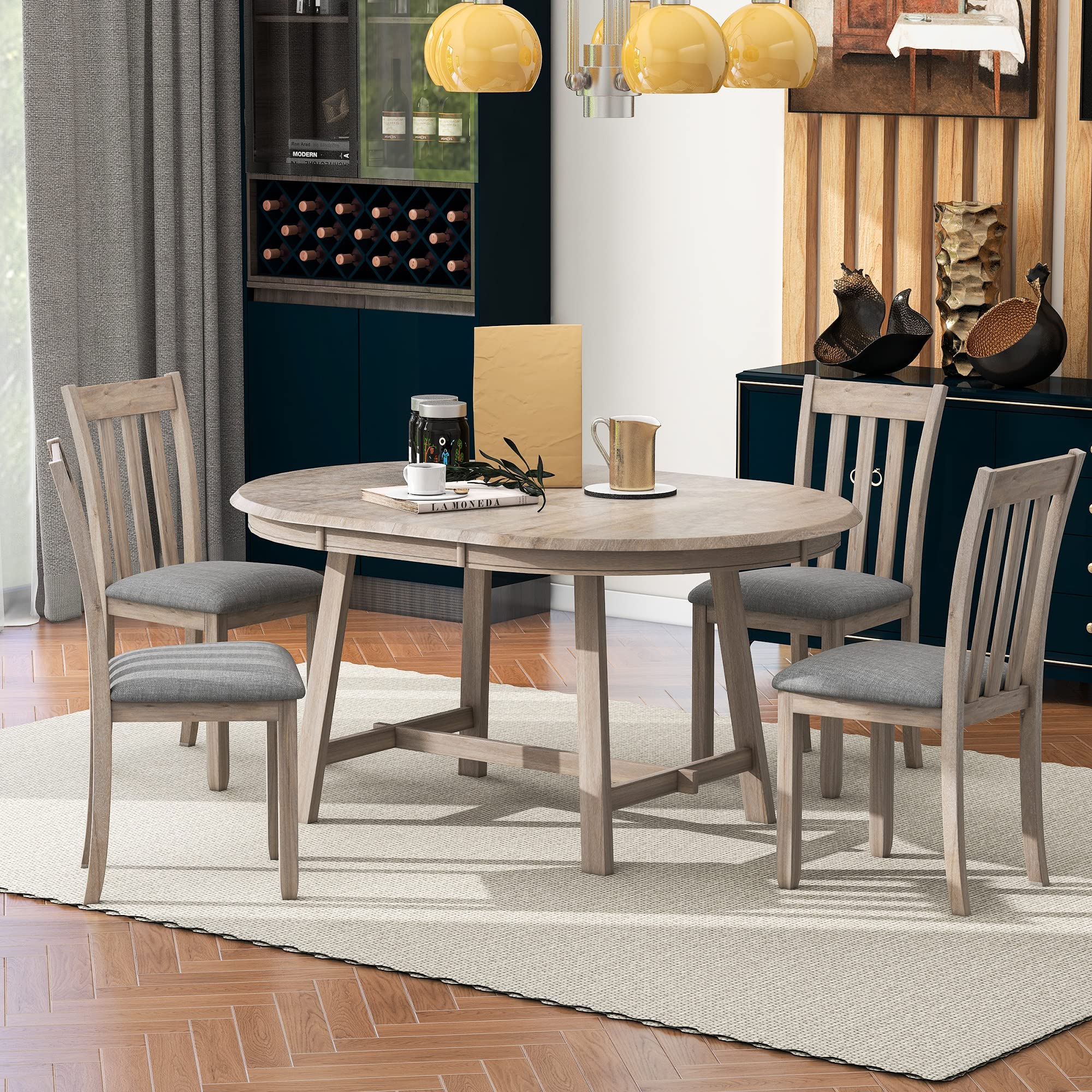 BIADNBZ 5-Piece Dining Table Set with Round Extendable Tabletop and 4 Padded Chairs, Modern Kitchen Furniture for DiningRoom, Space Saving Design, Natural Wood Wash