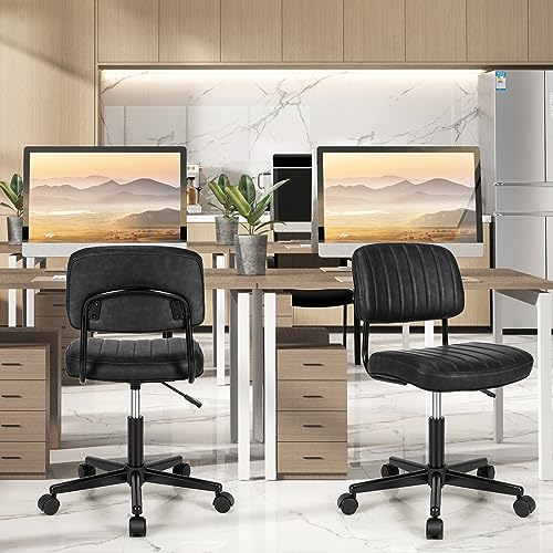 Giantex Leather Office Chair, Armless Low-Back Computer Desk Chair, Retro Swivel Rolling Task Chair Height Adjustable PU Leisure Office Chair for Kids Teens Adults (2, Black)