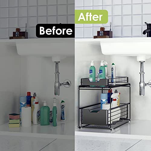 DOLALIKE Pull Out Under Sink Cabinets Organizer, Stackable 2 Tire Sliding Countertop Organizer, Under Sink Storage Drawer Shelf for Kitchen (Black)