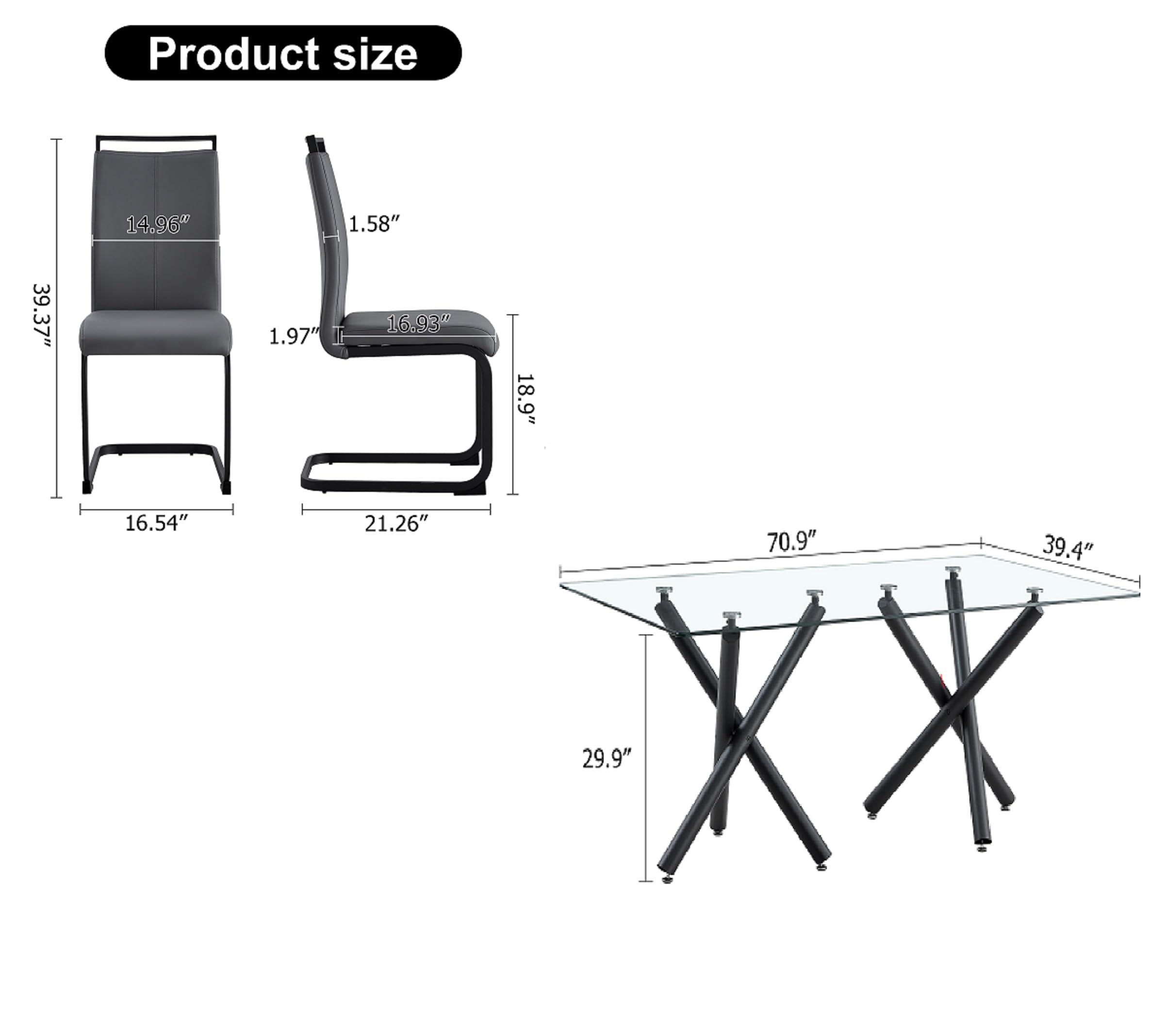 Ginxesh 71" Glass Dining Table Set,0.39" Glass Top Dinner Table with 6 Chrome Metal Legs,High Back PU Leather Padded Dining Chairs,Dining Table Set for Kitchen or Living Room Use (6 Sets, Black+Grey)